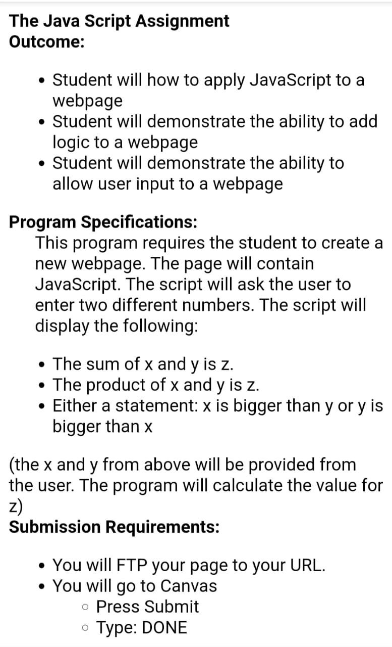 Solved The Java Script Assignment Outcome: • Student will | Chegg.com