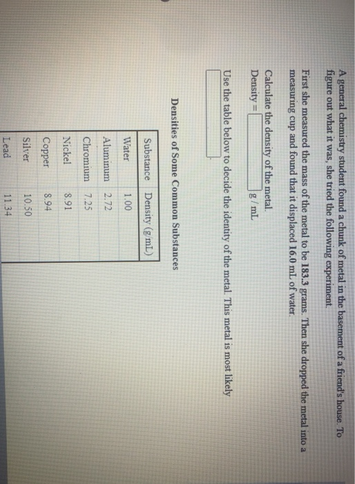 Solved A general chemistry student found a chunk of metal in | Chegg.com