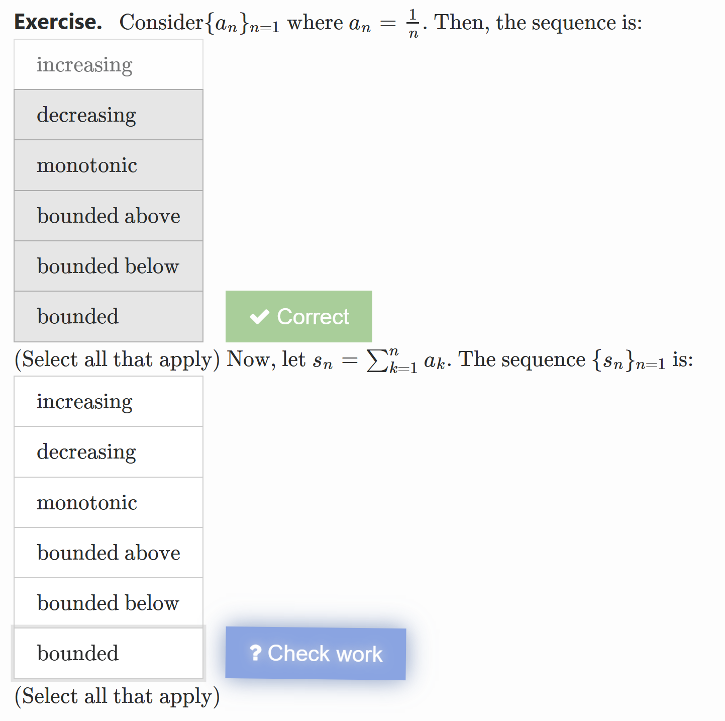 Exercise. Consider {an}n=1 ﻿where an=1n. ﻿Then, the | Chegg.com