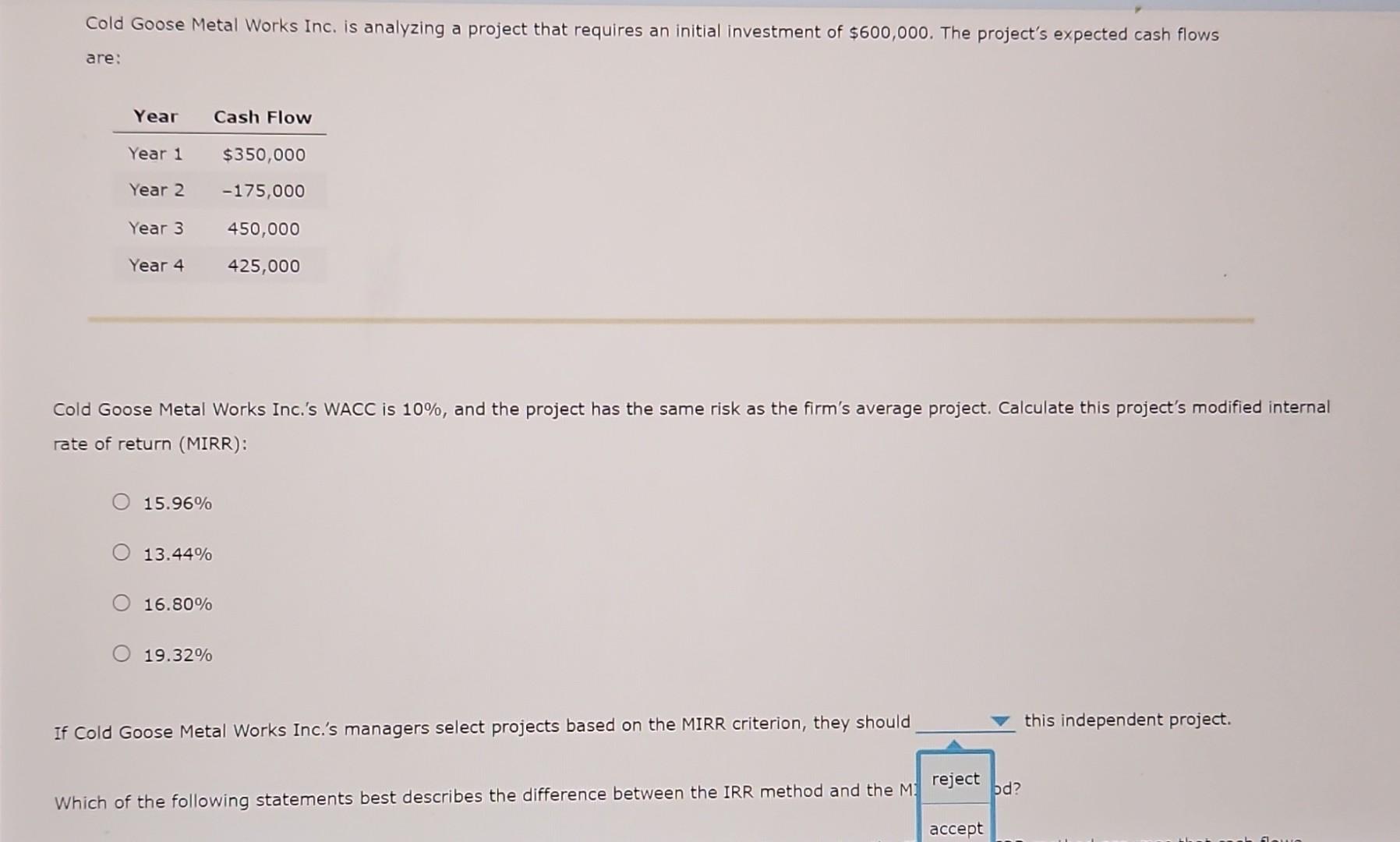 Solved Cold Goose Metal Works Inc. is analyzing a project | Chegg.com