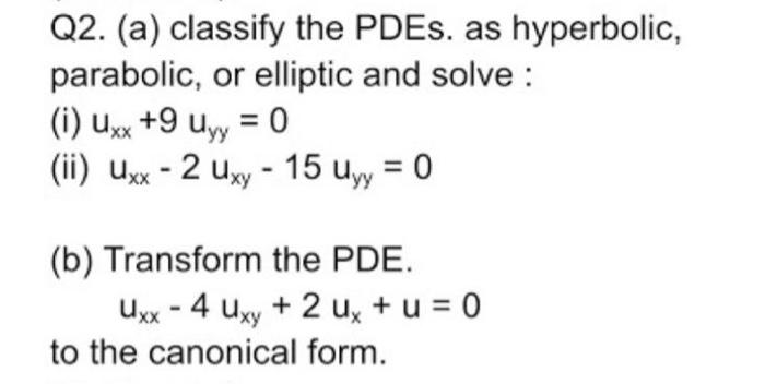 Solved Q2 A Classify The Pdes As Hyperbolic Parabolic