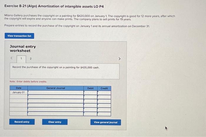 Solved Exercise 8-21 (Algo) Amortization of intangible | Chegg.com