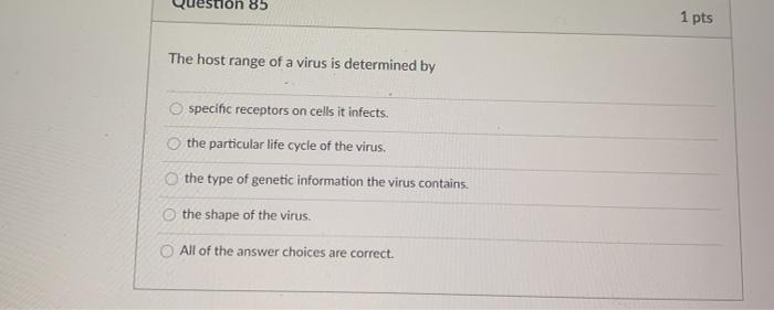 Solved Question 85 The host range of a virus is determined | Chegg.com
