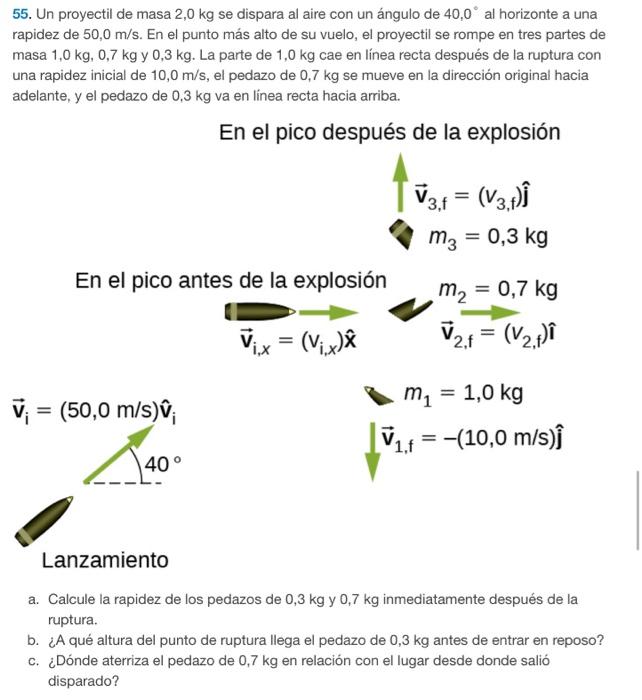 Solved 55. Un proyectil de masa 2,0 kg se dispara al aire | Chegg.com