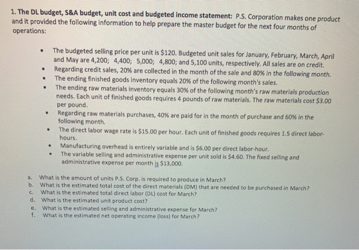 Solved 1. The DL budget, S&A budget, unit cost and budgeted | Chegg.com