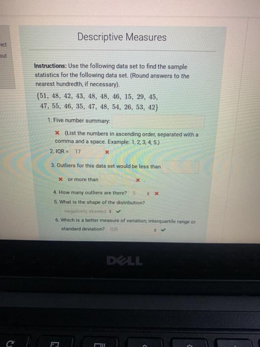 Solved Descriptive Measures ect out Instructions: Use the | Chegg.com