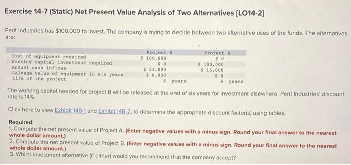 Solved Exercise 14-7 (Static) Net Present Value Analysis of | Chegg.com