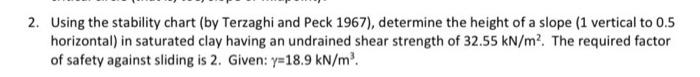 Solved 2. Using the stability chart (by Terzaghi and Peck | Chegg.com