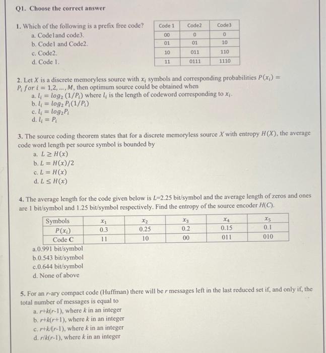 Solved Q1. Choose the correct answer Code2 code2 Code 1 00 | Chegg.com