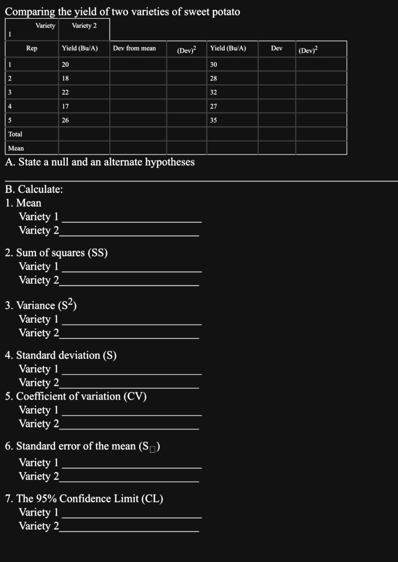 Solved Comparing the yield of two varieties of sweet | Chegg.com