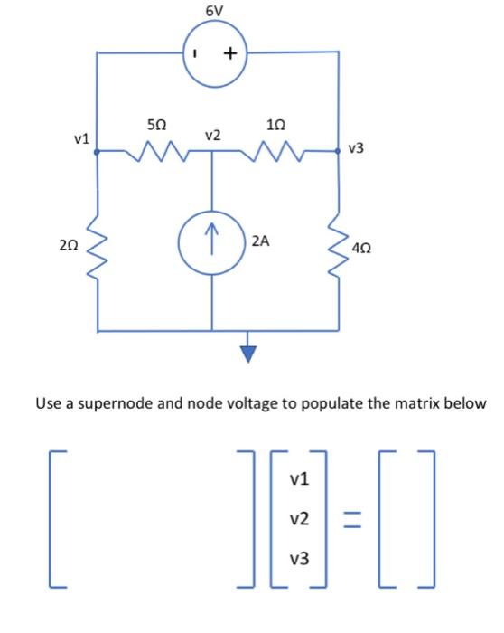 Solved 6V + 50 10 v1 v2 V3 20 2A 402 Use a supernode and | Chegg.com