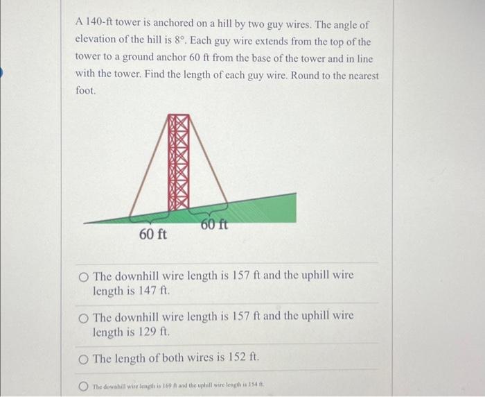 Solved A 140-ft tower is anchored on a hill by two guy | Chegg.com