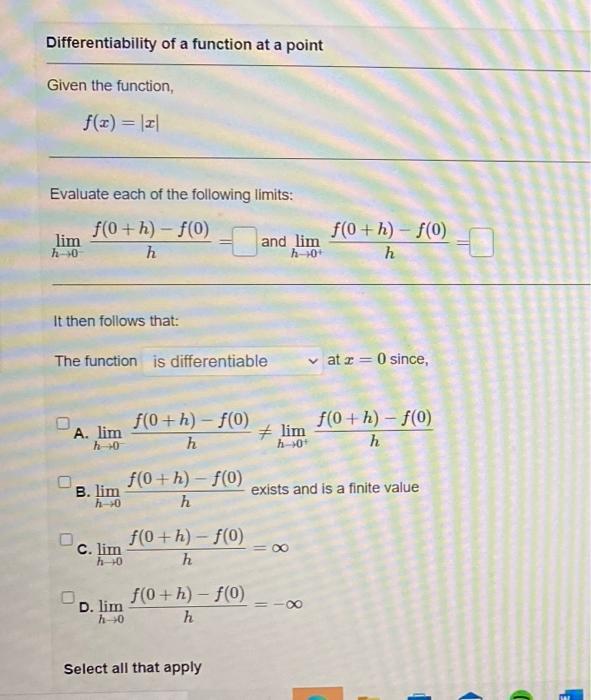 Solved Differentiability of a function at a point Given the | Chegg.com