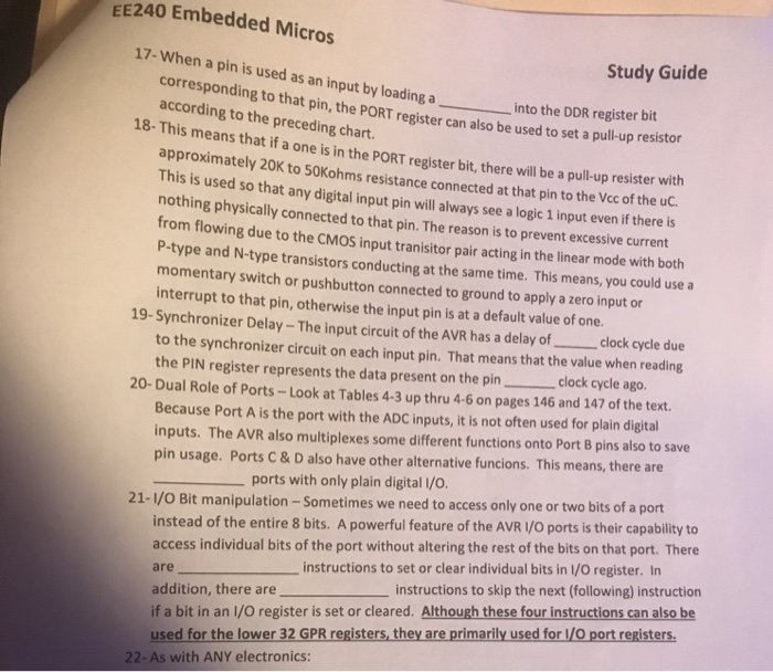 EE240 Embedded Micros Study Guide 17- When a pin is | Chegg.com