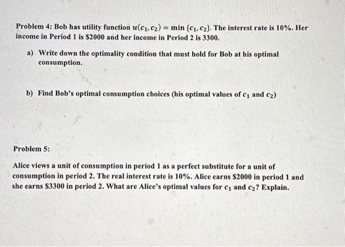 Problem 4: Bob has utility function | Chegg.com