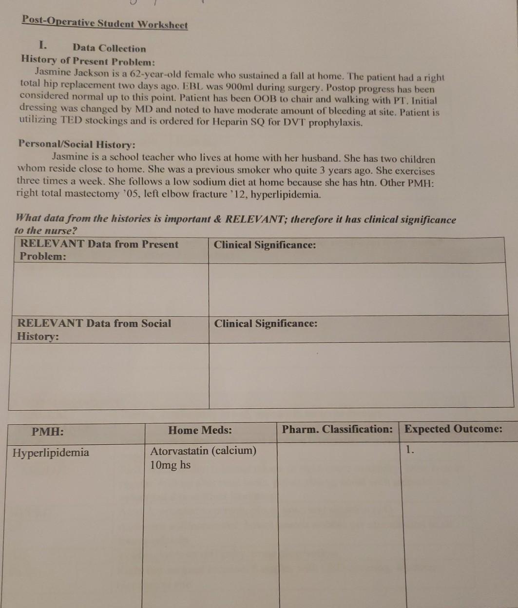 Post-Operative Student Worksheet I. Data Collection | Chegg.com