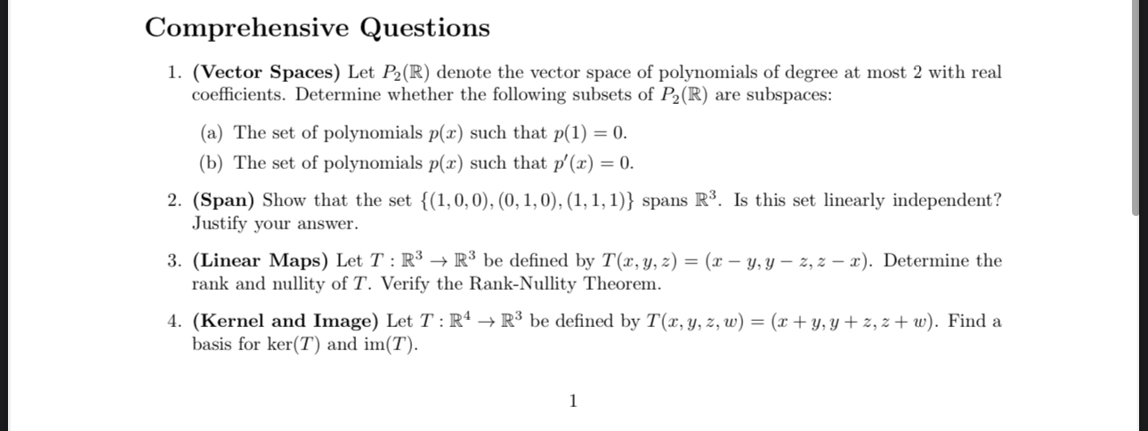 Solved Comprehensive Questions(Vector Spaces) ﻿Let P2(R) | Chegg.com