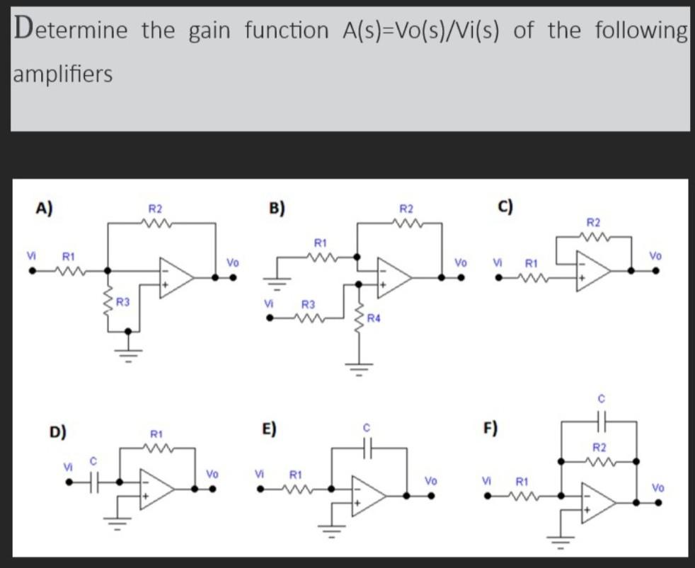 Solved Determine the gain function \\( A(s)=V o(s) / V i(s) | Chegg.com