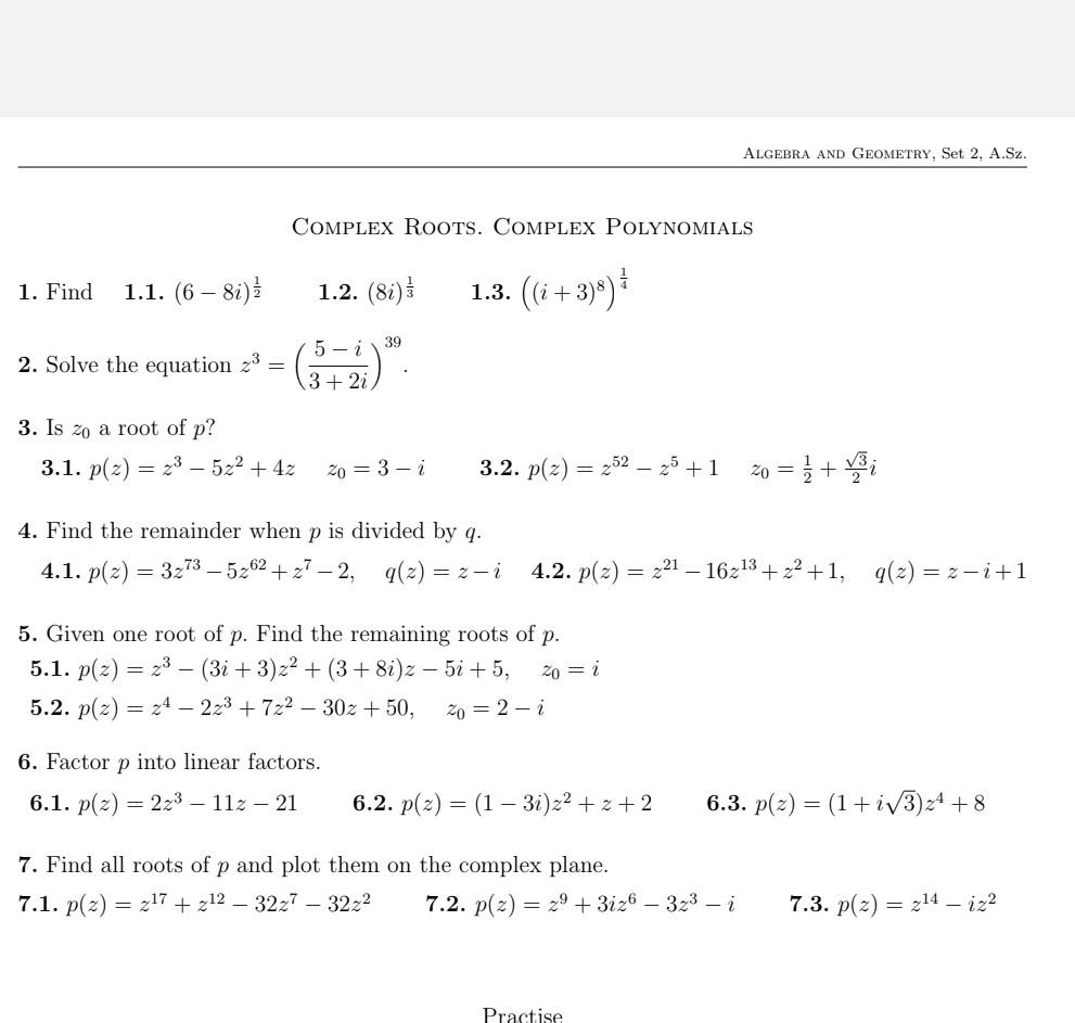 Solved Complex Roots. Complex Polynomials 1. Find 1.1. | Chegg.com