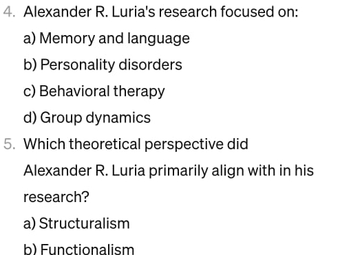 Solved Alexander R. ﻿Luria's research focused on:a) ﻿Memory | Chegg.com
