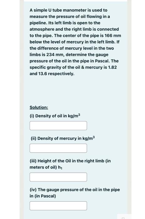 Solved A simple U tube manometer is used to measure the | Chegg.com