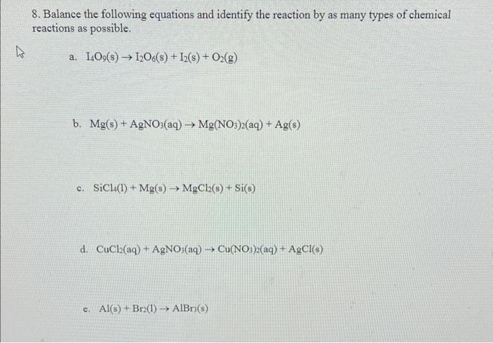 Solved 8. Balance the following equations and identify the | Chegg.com