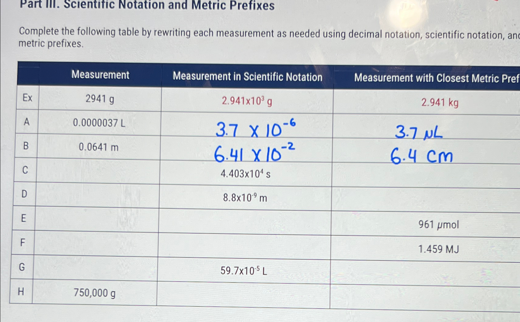 Solved Part III. Scientific Notation and Metric | Chegg.com Solved Part III. Scientific Notation and Metric | Chegg.com