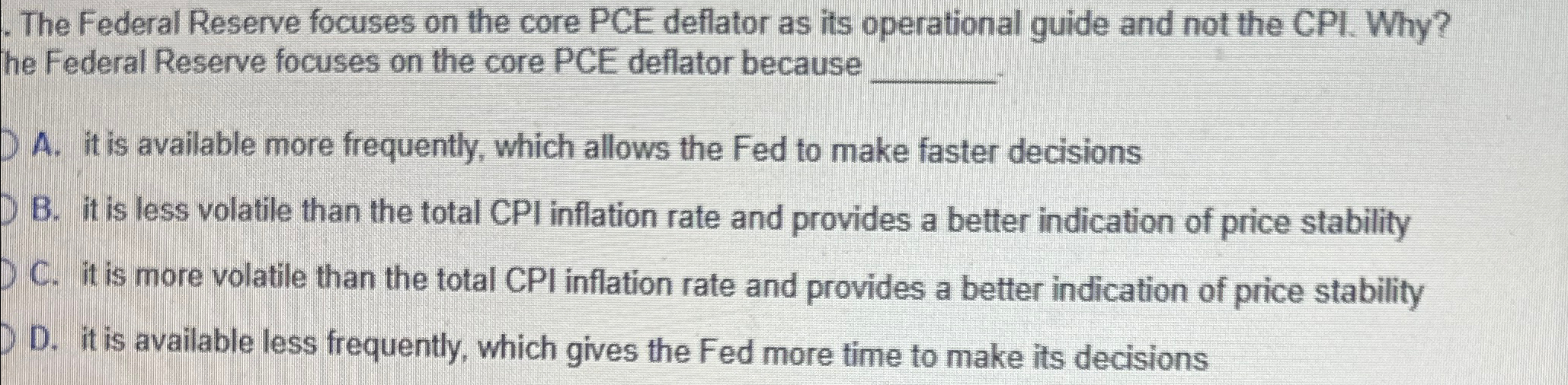Solved The Federal Reserve focuses on the core PCE deflator | Chegg.com