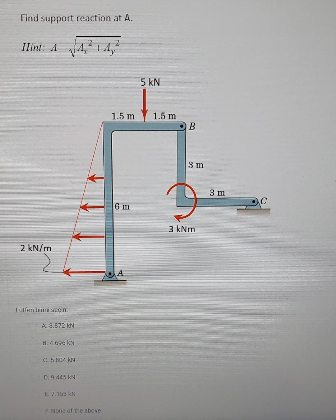 Solved Find support reaction at A. Hint: A=Ax2+Ay2 Lütfen | Chegg.com