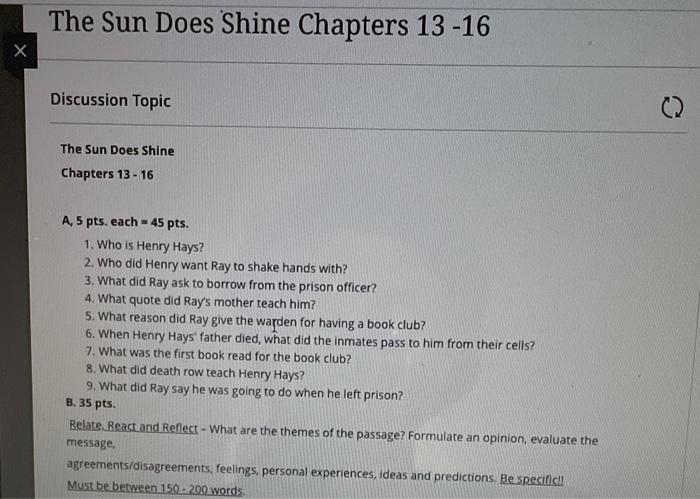 The Sun Does Shine Chapters 13-16 х Discussion Topic | Chegg.com