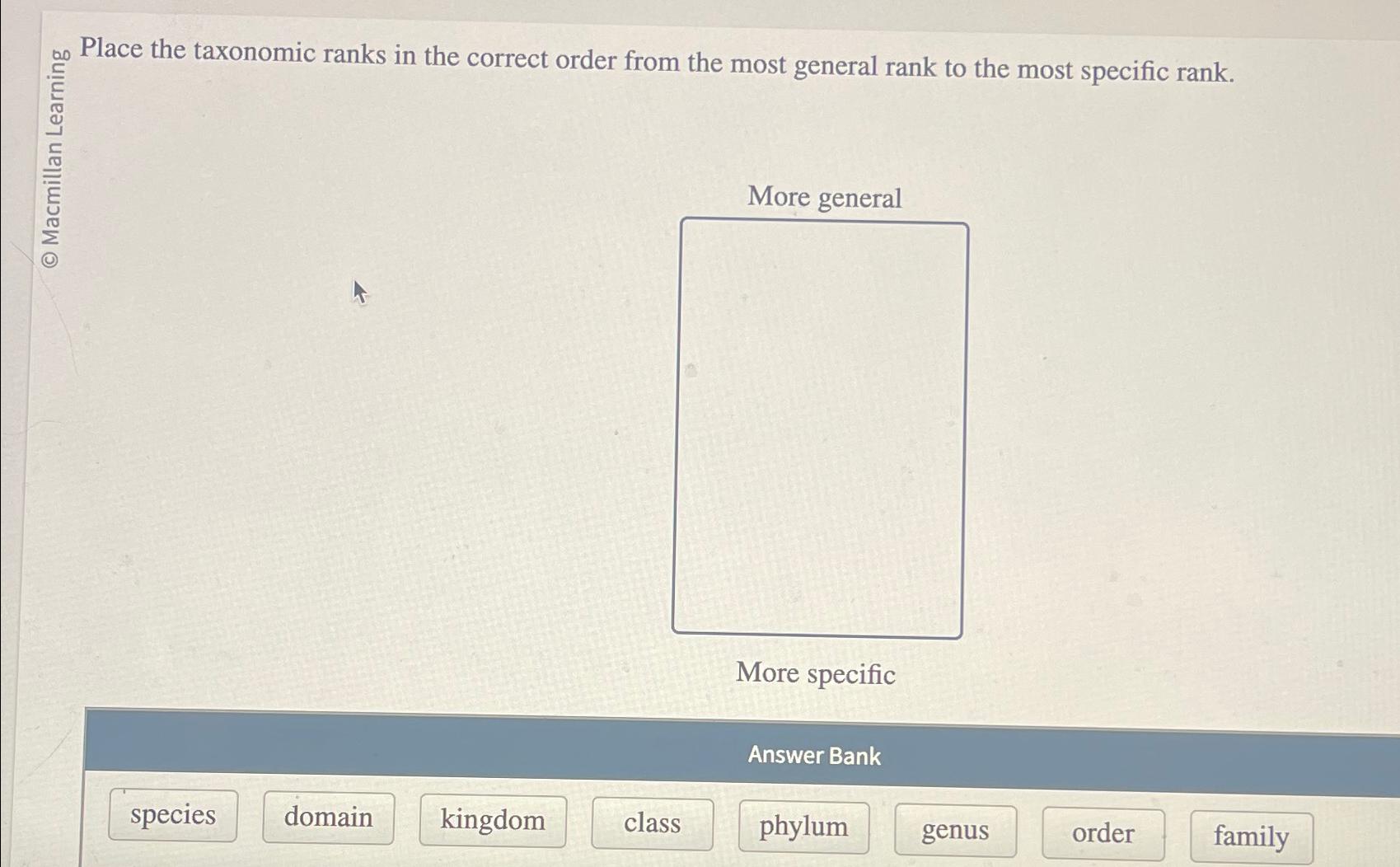 Solved Place the taxonomic ranks in the correct order from | Chegg.com