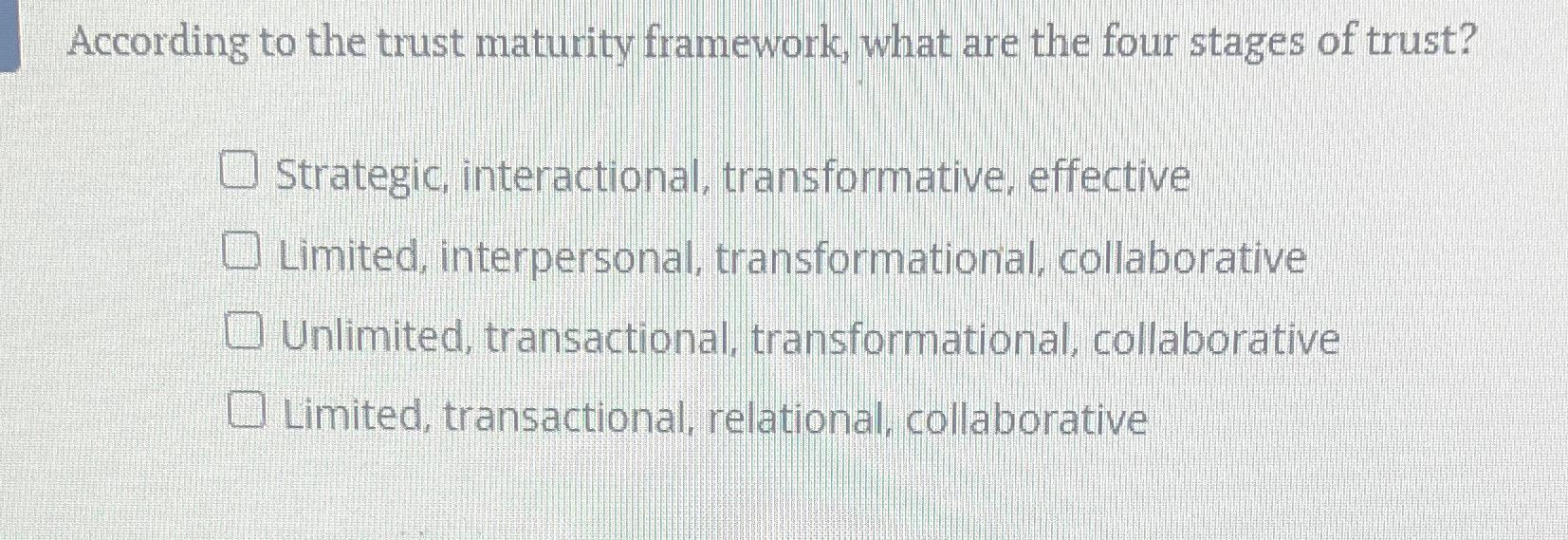 Solved According to the trust maturity framework, what are | Chegg.com
