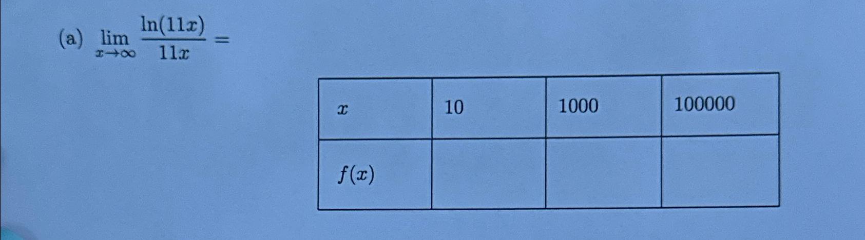 Solved (a) limx→∞ln(11x)11x=\table[[x,10,1000,100000],[f(x), | Chegg.com