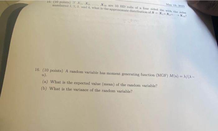 Solved 16. (10 points) A random variable has moment | Chegg.com