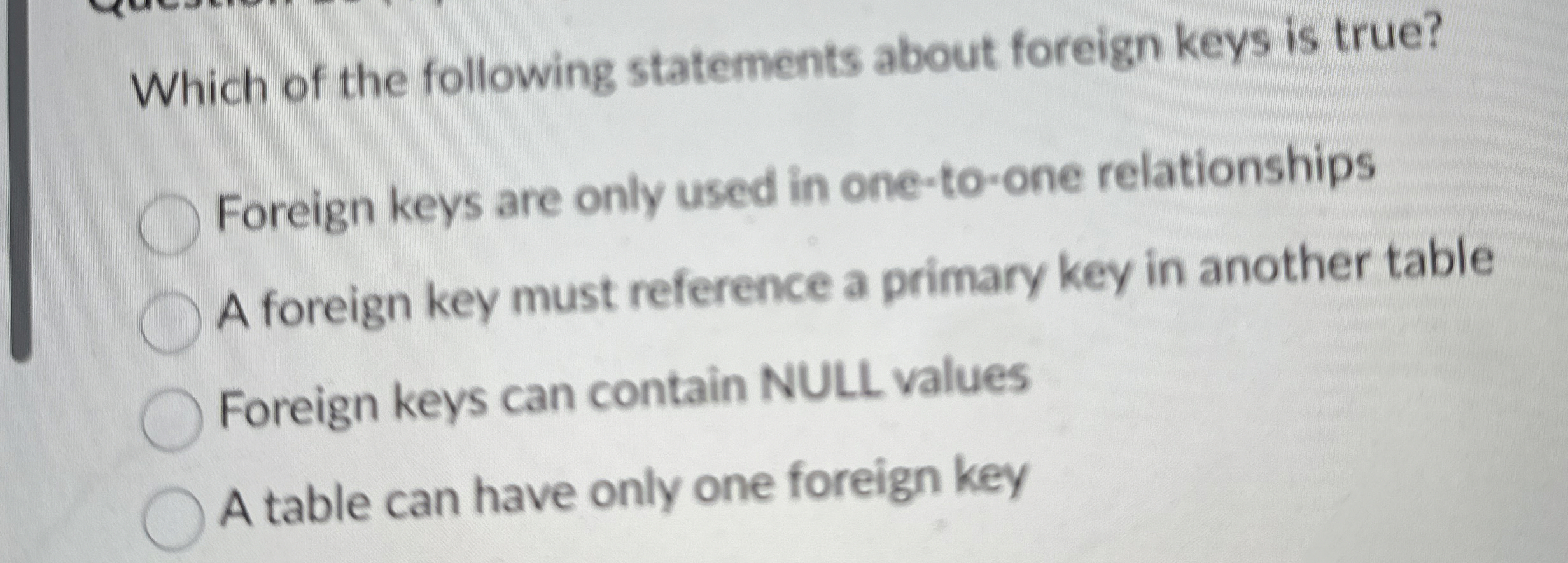 Solved Which of the following statements about foreign keys | Chegg.com