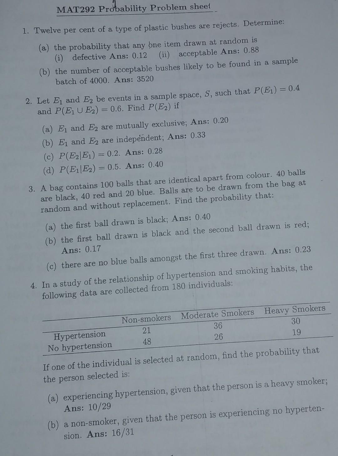 Solved MAT292 Probability Problem sheet 1. Twelve per cent | Chegg.com