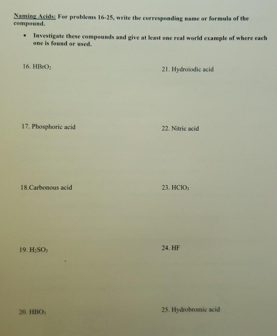 Solved Naming Acids: For problems 16-25, write the | Chegg.com