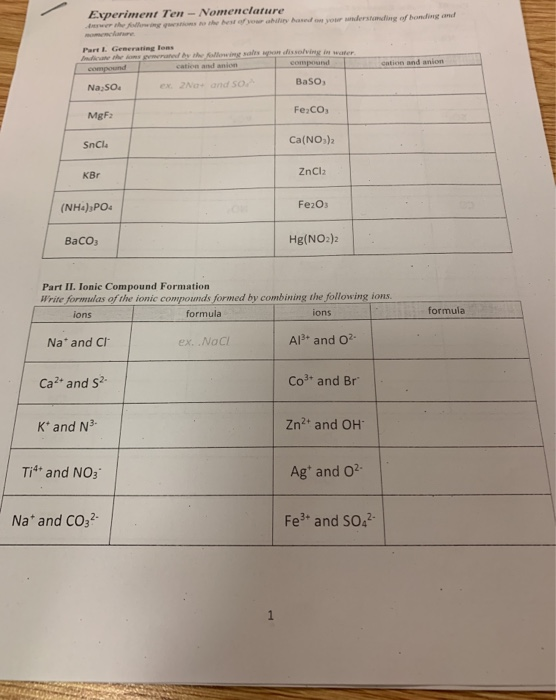 Solved Experiment Ten - Nomenclature Parti Generating tens | Chegg.com