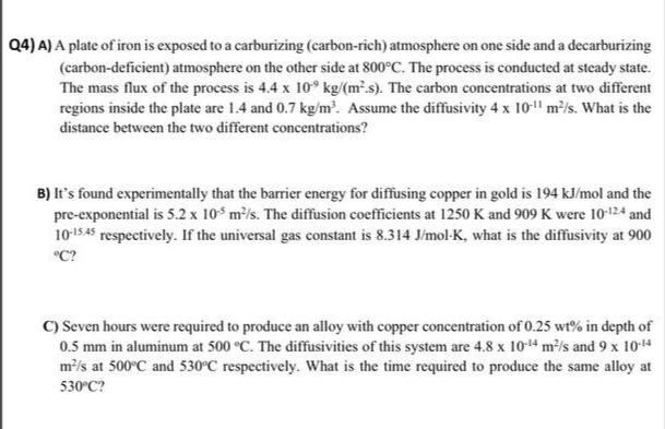 Solved 24) A) A plate of iron is exposed to a carburizing | Chegg.com