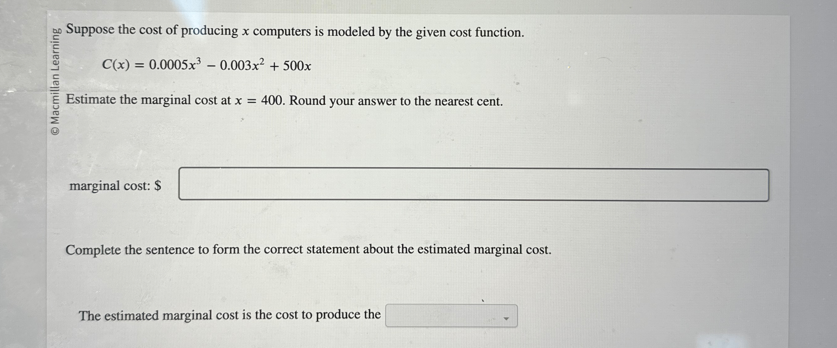 Solved Suppose the cost of producing x ﻿computers is modeled | Chegg.com