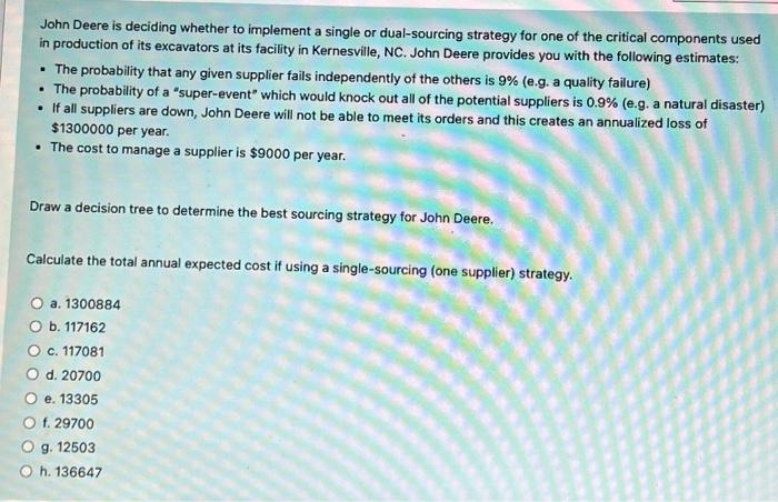 Solved John Deere is deciding whether to implement a single | Chegg.com