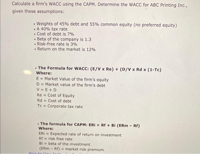Solved Calculate firms WACC using the CAPM. Determine the | Chegg.com