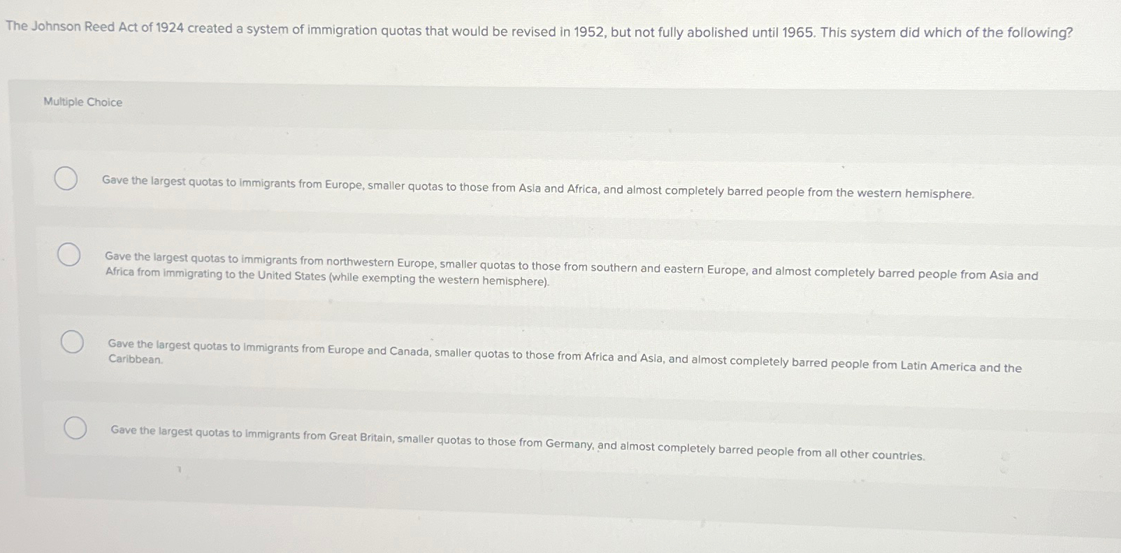 Solved The Johnson Reed Act of 1924 ﻿created a system of | Chegg.com