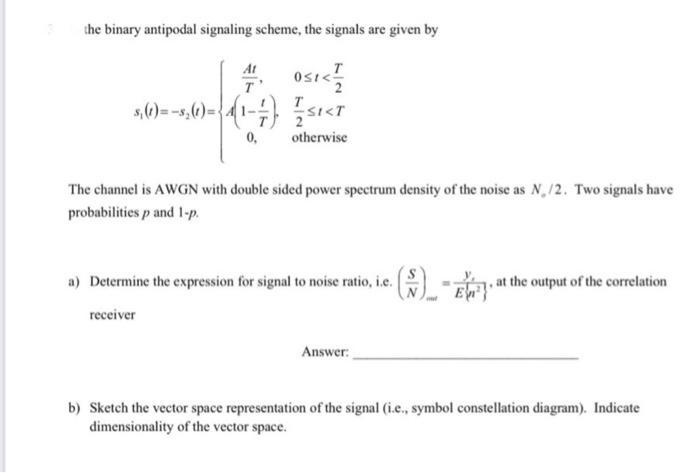 Solved the binary antipodal signaling scheme, the signals | Chegg.com