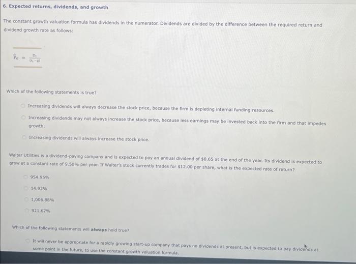 Solved 6. Expected returns, dividends, and growth The | Chegg.com