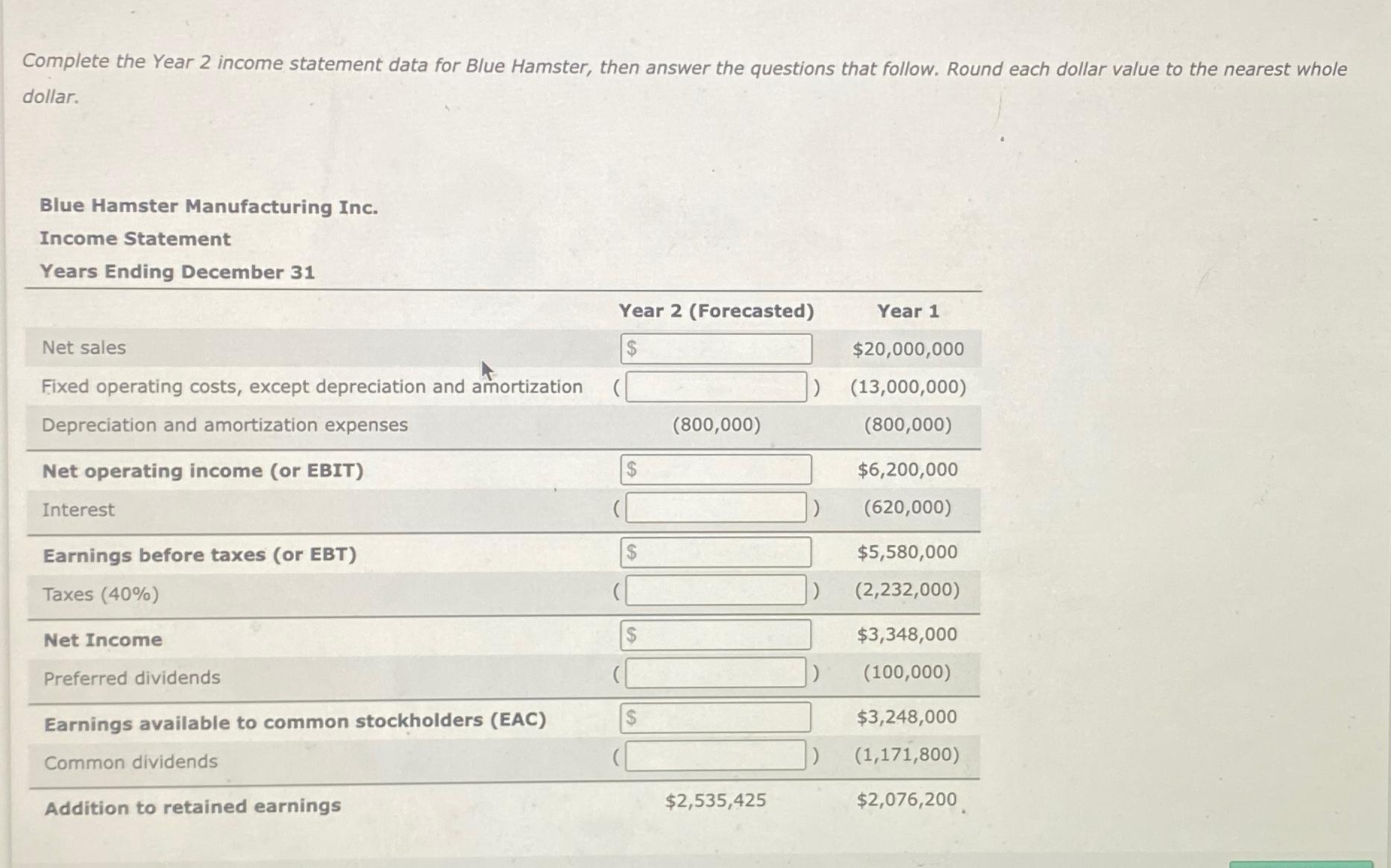 Solved Complete the Year 2 ﻿income statement data for Blue | Chegg.com
