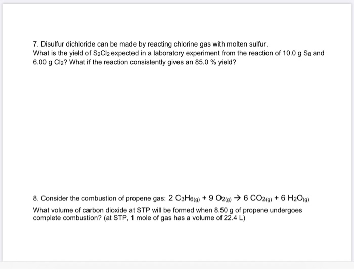 Solved 7. Disulfur dichloride can be made by reacting | Chegg.com