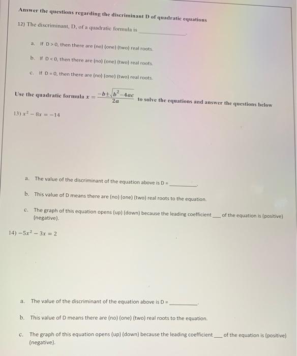 Solved Answer the questions regarding the discriminant D of | Chegg.com