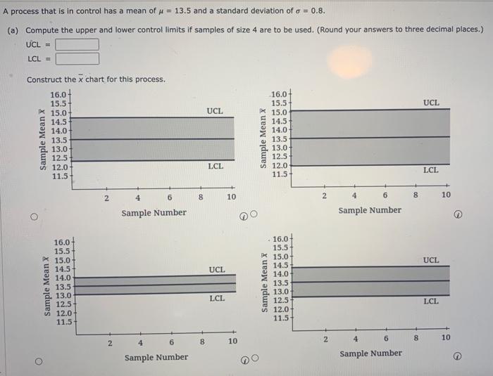 Solved A process that is in control has a mean of μ=13.5 and | Chegg.com