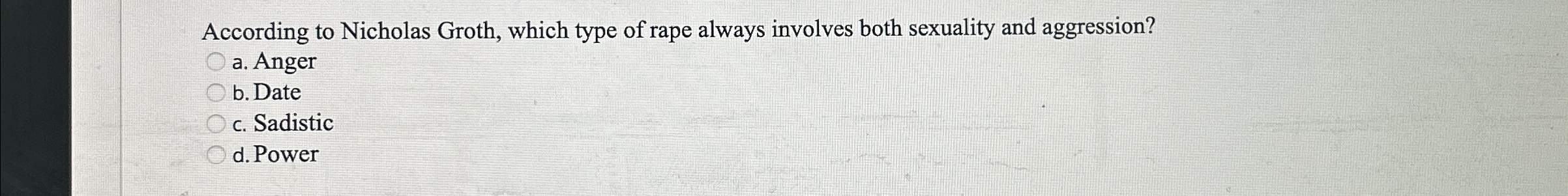 Solved According to Nicholas Groth, which type of rape | Chegg.com